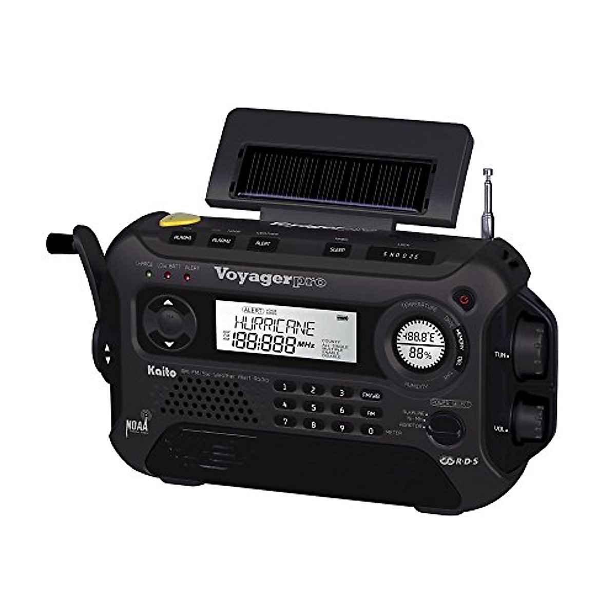 Kaito Voyager Pro KA600 Digital Solar Dynamo Hand Crank AM/FM/LW/SW & NOAA Weather Emergency Radio with Flashlight, Reading Lamp,Smart Phone Charger & RDS and Real-Time Alert, with AC Adapter, Black