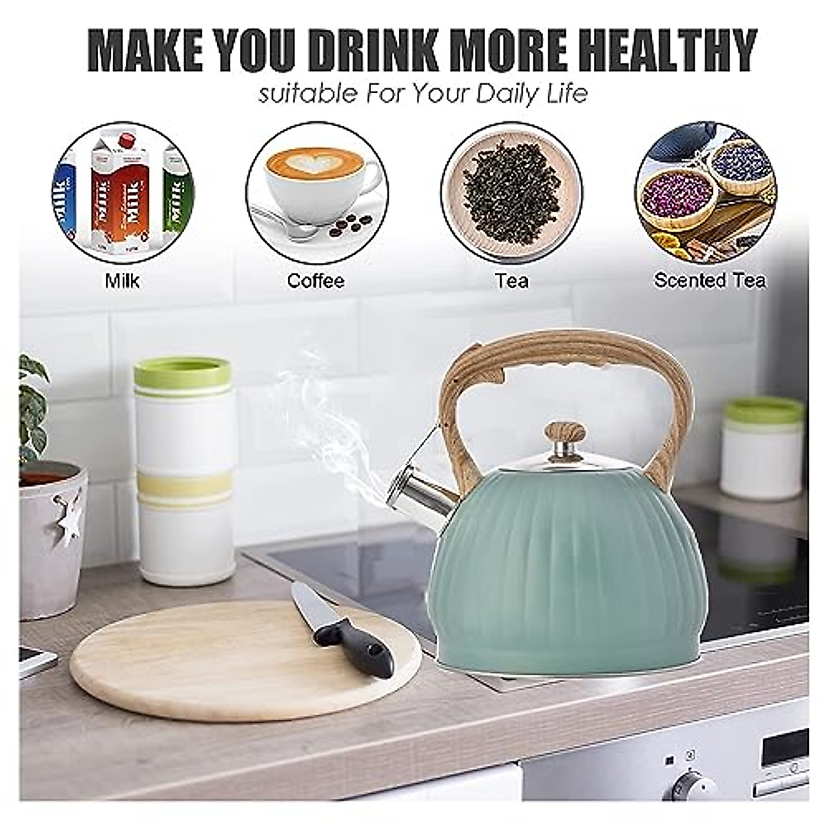 3.5L Tea Kettle, Toptier Teapot Whistling Kettle with Wood Pattern Handle Loud Whistle,Food Grade Stainless Steel for Anti-Rust, Anti Hot Handle, Suitable for All Heat Sources▂20 * 23.5cm/7.78"*9.25"