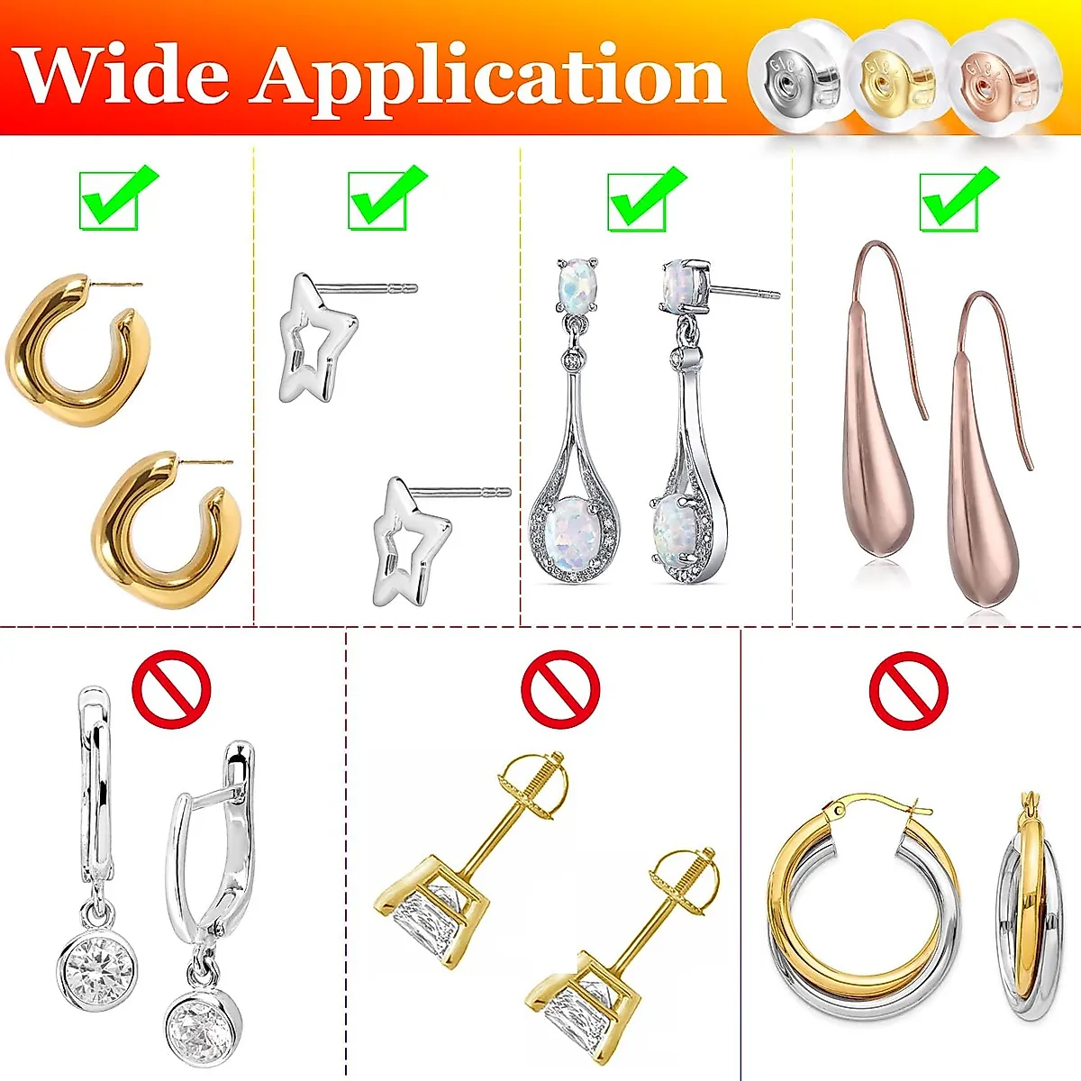 Kerryjewl 18K Gold Locking Secure Earring Backs for Studs, Silicone Earring Backs Replacements for Studs/Droopy Ears, No-Irritate Hypoallergenice Earring Backs for Women Men(White Gold)