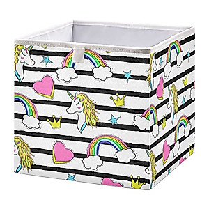 Cartoon Unicorns Rainbows Cube Storage Bin Foldable Storage Cubes Waterproof Toy Basket for Cube Organizer Bins for Kids Nursery Book Bathroom Closet Girls Boys - 11.02x11.02x11.02 in