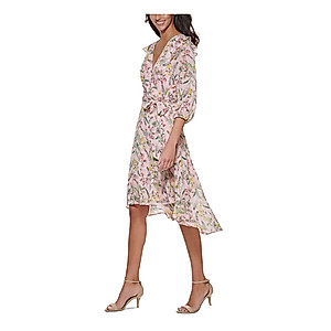 Tommy Hilfiger Womens Chiffon Faux-Wrap Midi Dress Pink 10