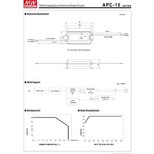 MEAN WELL,Switching Power Supply LED Driver;110V-220V AC-DC Single Output 、Constant Current，Transformer，16W 12-48V 350mA (APC-16-350)