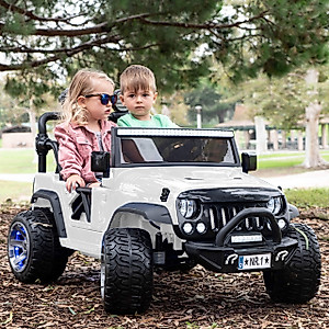 2024 Two (2) Seater Ride On Kids Car Truck w/Remote | Large 24V Power Kid Car to Drive in 3 Speeds, Battery Swap, Leather Seat, MP3 Music by Bluetooth, FM Radio, Rubber Wheels in White