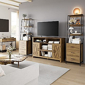 HITHOS Ladder Bookcase with 3 Fabric Drawers, 3 Tier Industrial Bookshelf, Freestanding Tall Nightstand Organizer Unit for Living Room, Bedroom, Office, Rustic Brown