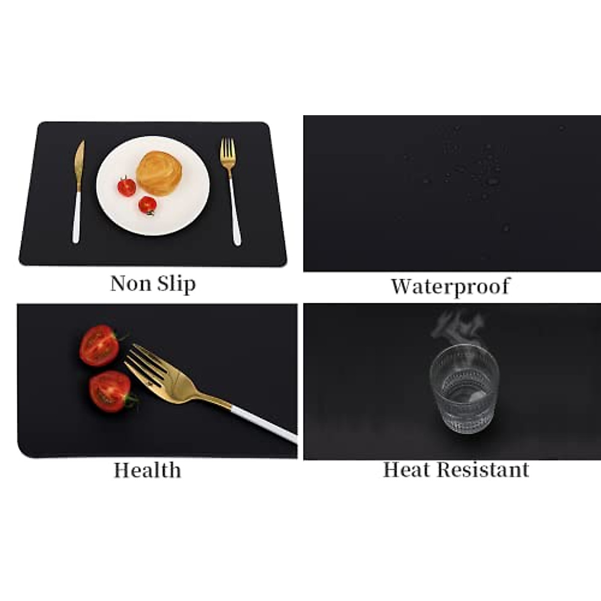 Vinjiasin Black Leather Placemats for Dining Table Set of 4, Waterproof Wipeable Placemats, Heat Resistant Non Slip Rectangle Indoor Place mats, Easy to Clean Christmas Decorations