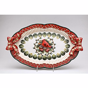 Cosmos Gifts Fine Ceramic Hand Painted Christmas Holidays Red Cardinal with Pine Cones and Red Ribbon Design with Gold Accents Red Ribbon Handle Oval Platter, 17-7/8" L