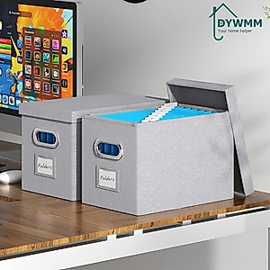 DYWMM Hanging File Box with Lid, Set of 2 Filing Organizer Storage Box, Linen Collapsible Decorative Office/Home File Cabinet (14x9.3x10.9 inch) (Light Gray)