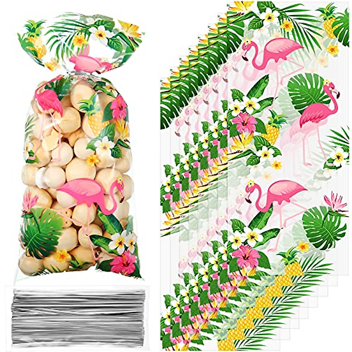 Geyee 100 Pieces Flamingo Cellophane Treat Bags Hawaiian Themed Candy Bags Tropical Pink Flamingos Palm Tree Pineapple Goodie Bags with 100 Pieces Silver Twist Ties for Teens Birthday Party Supplies