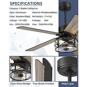 YOUKAIN Farmhouse Ceiling Fans, 48 Inch Industrial Ceiling Fan with Light and Remote Control, Clear Glass, 5-Reversible Blades with Matte Black/Wooden Finish, 52-YJ632