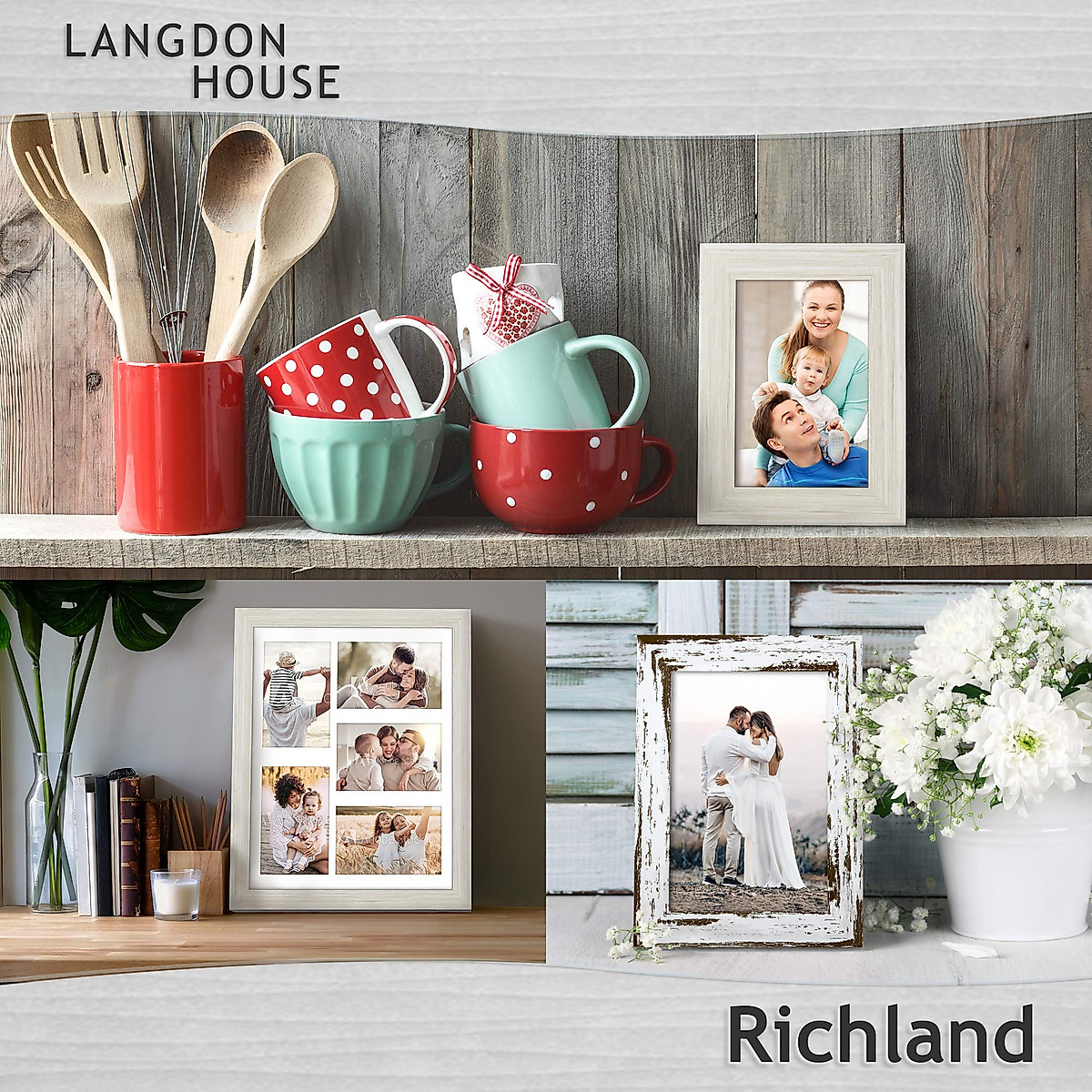 Langdon House 11x14 Collage Picture Frames w/Mat for 5-4x6 Photos (Almond White, 6 Pack) Woodgrain Style, Wall Mount Only, Richland Collection