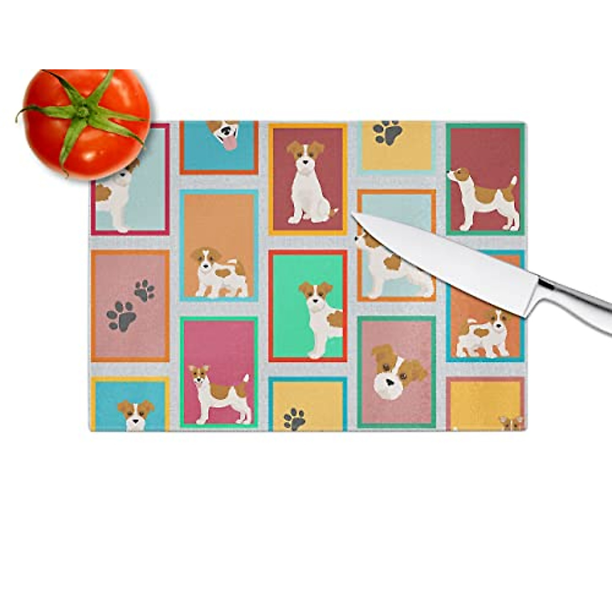 Caroline's Treasures MLM1166LCB Lots of Red and White Jack Russell Terrier Glass Cutting Board Large Decorative Tempered Glass Kitchen Cutting and Serving Board Large Size Chopping Board