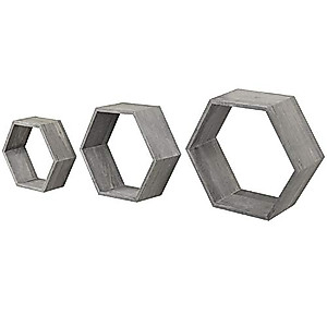 MyGift Rustic Gray Wood Hanging Shadow Boxes Display Case Wall Shelves with Hexagonal Shape, Set of 3