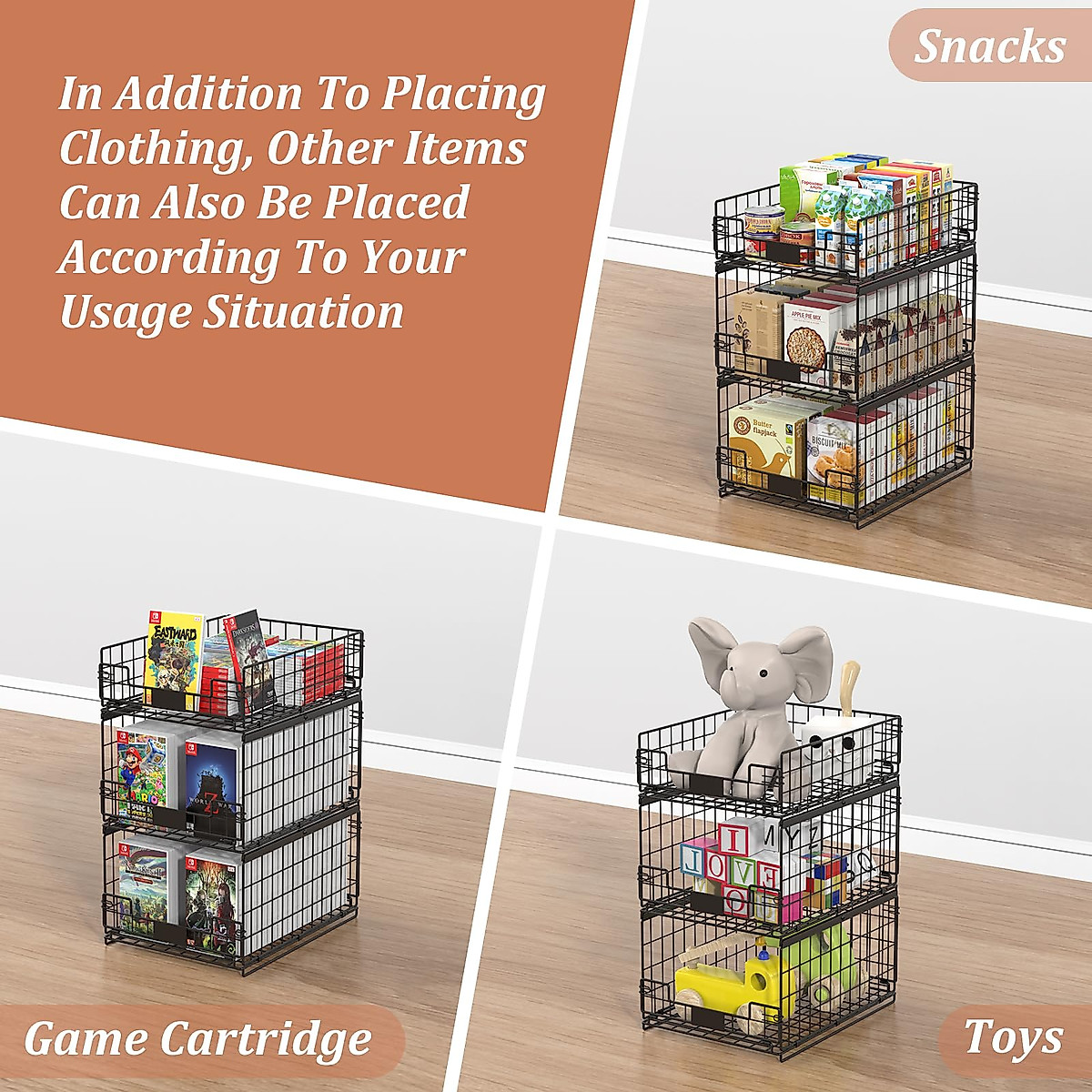 3 Pack Sliding Closet Organizers and Storage, Stackable Closet Storage Shelves, Pull Out Clothes Storage Organizer Baskets/Containers/Drawers with Dividers for Wardrobe (Black-Sturdy Wire Metal Frame)