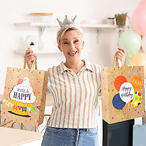 Dimetey 4Pcs 13'' Happy Birthday Gift Bags,4 Designs,Includes 4pcs Greeting Cards,Large Paper Birthday Gift Bag with Handles,Ideal for Kids Adults Birthday Party