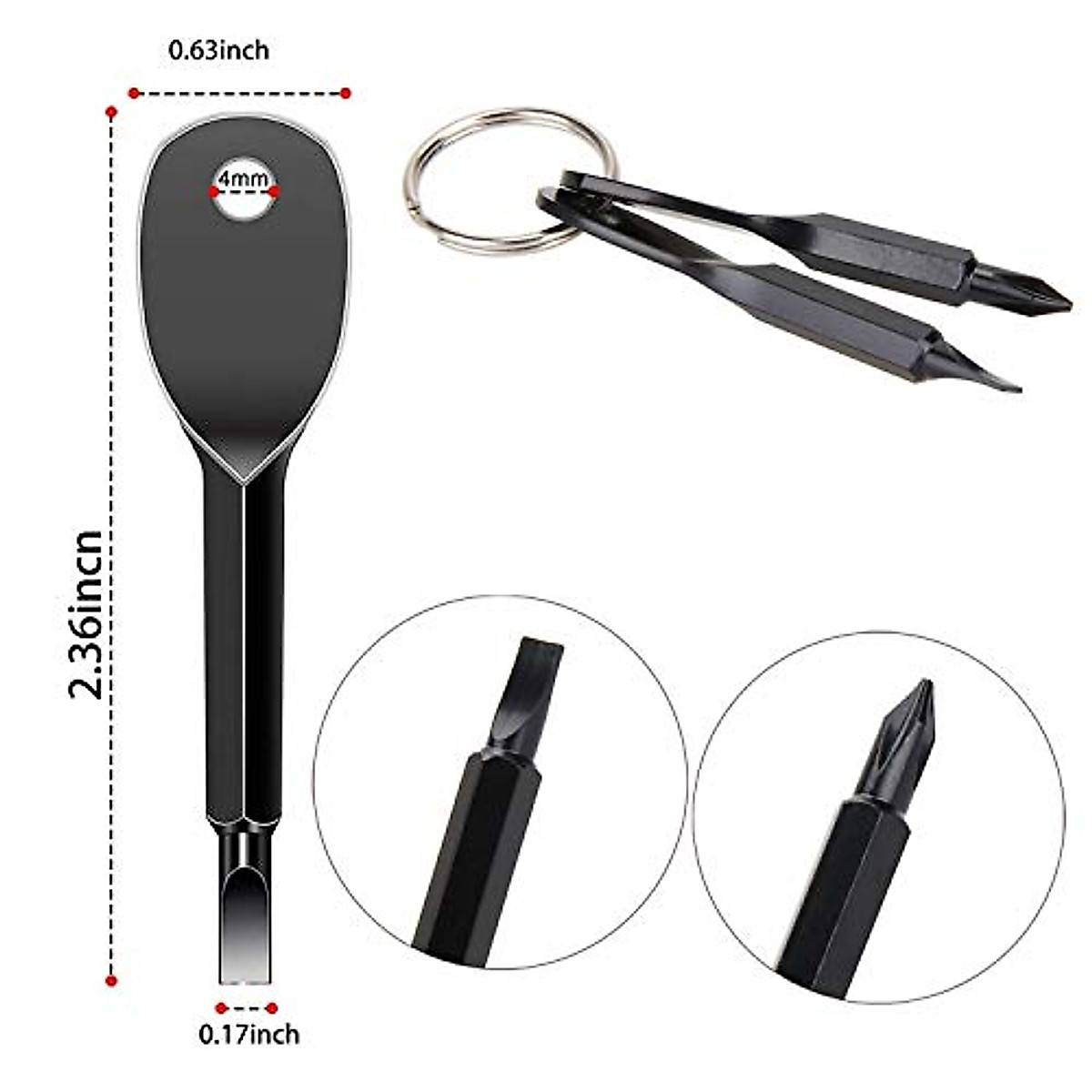 2 sets (4 pieces) Portable Keychain Screwdrivers, Mini Screwdrivers, Outdoor Emergency Gadgets (black and silver)