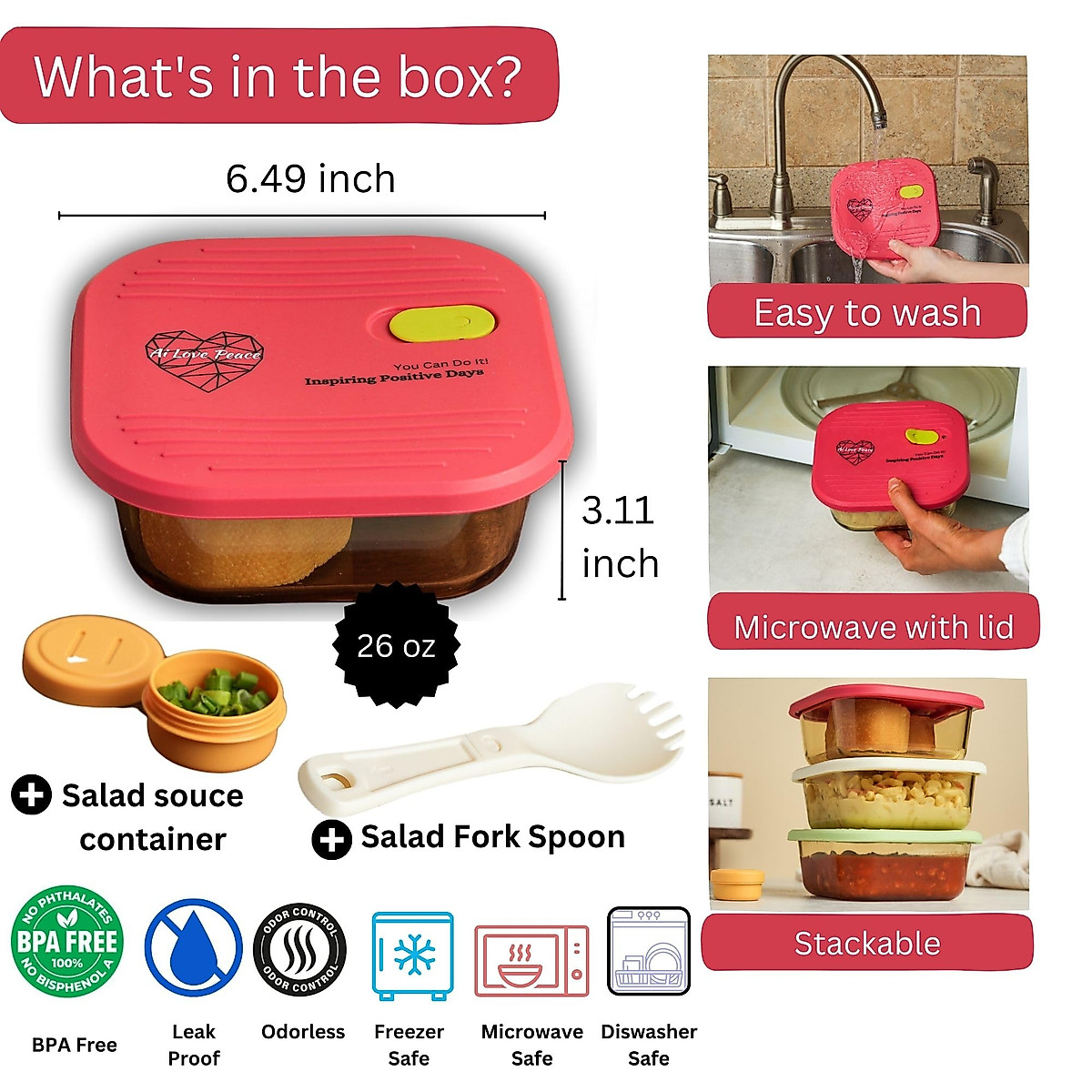 AI LOVE PEACE Glass Lunch Containers for Women Adults, Microwave Safe Glass Lunch Box, Leak Proof BPA-Free, Durable, Built-in Vent - Ideal for Meal Prep & On-the-Go Lunches (red)