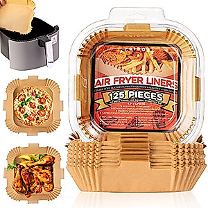 Air Fryer Liners 6.3 inch, 125 Pcs Square Disposable Paper Liners with Four Handles, Oil-proof Water-proof Parchment Paper, Food Grade Cooking Paper for Air Frying, Baking, Roasting Microwave
