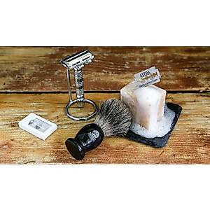 Complete Wet Shave Kit | Mike the Mason | Gift Set Includes: Hawk Safety Razor, Pure 100% Badger Hair Brush, Organic Honey Oatmeal Shave Bar, Nick Brick, 5 Premium Mens Blades, and a Razor Stand