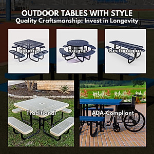 Coated Outdoor Furniture Heavy-Duty Portable Outdoor Picnic Table with Umbrella Hole, Punched Steel Commercial-Grade Patio Dining Furniture Made in America (46" Square Top, Brown)