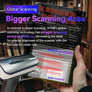 KILOGOGRAPH Barcode Scanner Wireless W10B - QR Code Scanner, Global Scanning Tech, Book Scanner for Personal Library, Portable Bluetooth USB Home Inventory Bar Code Scanner for Laptop iPhone Android