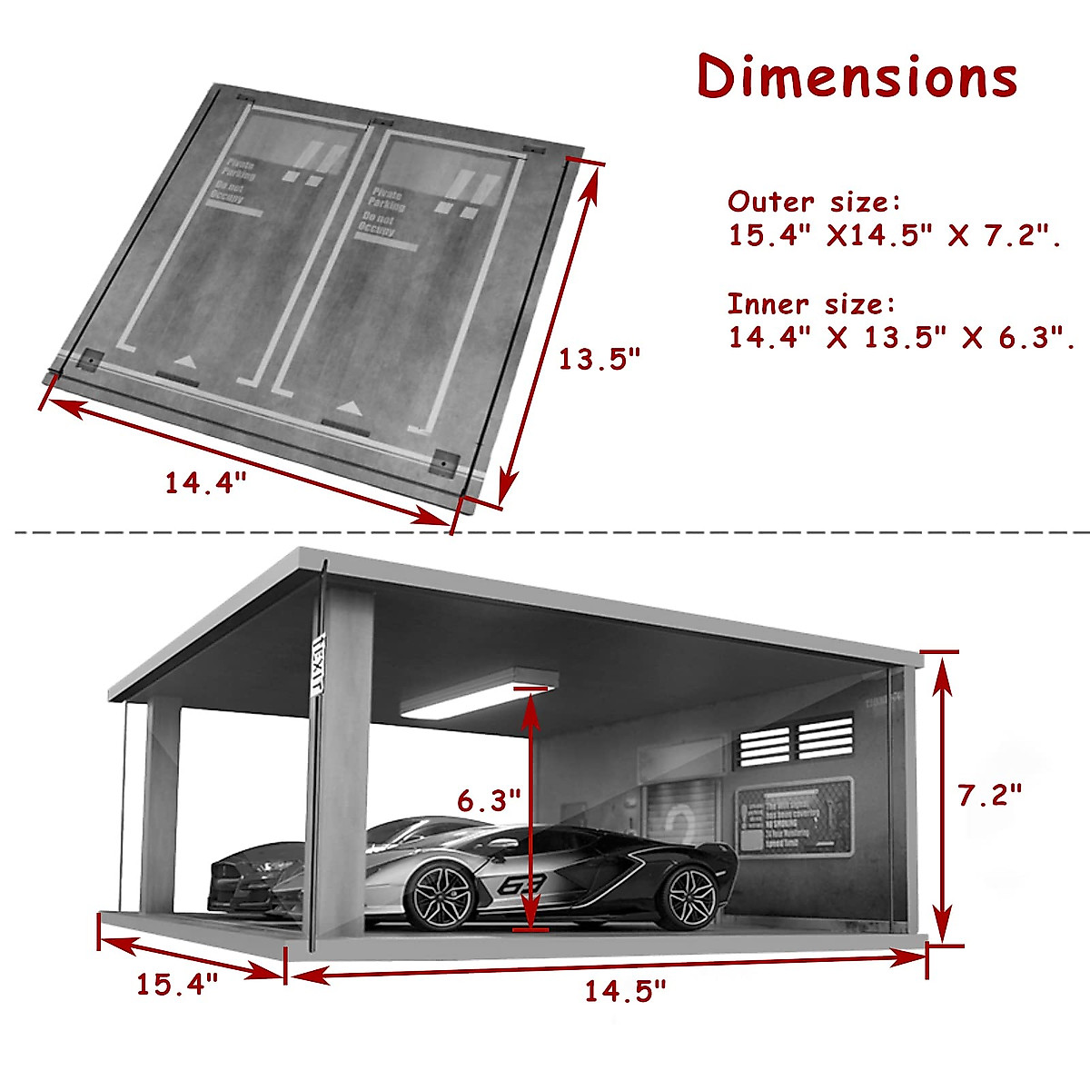 1/18 Scale Model Car Display Case - 1:18 Car Garage Display Case with Clear Acrylic Cover and LED Lighting for Die-Cast Cars, 2 Parkings Green