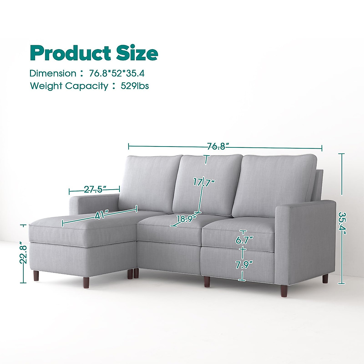 GinguoHome Convertible Sectional Sofa Couch, 3 Seat L-Shaped Sofa with Linen Fabric, Movable Ottoman Small Couch for Small Apartments, Living Room and Office (Grey)