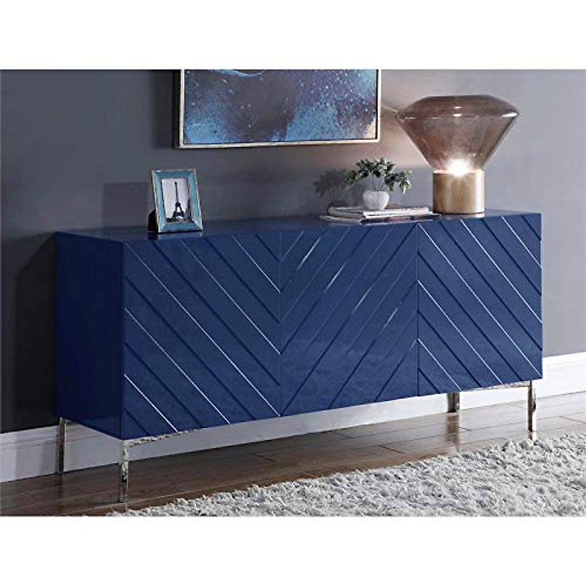Meridian Furniture Collette Collection Modern | Contemporary Sideboard Buffet, Rich Chrome Stainless Steel Base, Navy Laquer Finish, 64" W x 18" D x 31" H, Cabinet