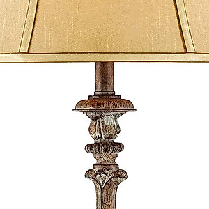 Regency Hill Rustic French Country Traditional Style Floor Lamp Standing 62" Tall Faux Wood Antique Candlestick Beige Silk Fabric Bell Shade Decor for Living Room Reading House Bedroom Home