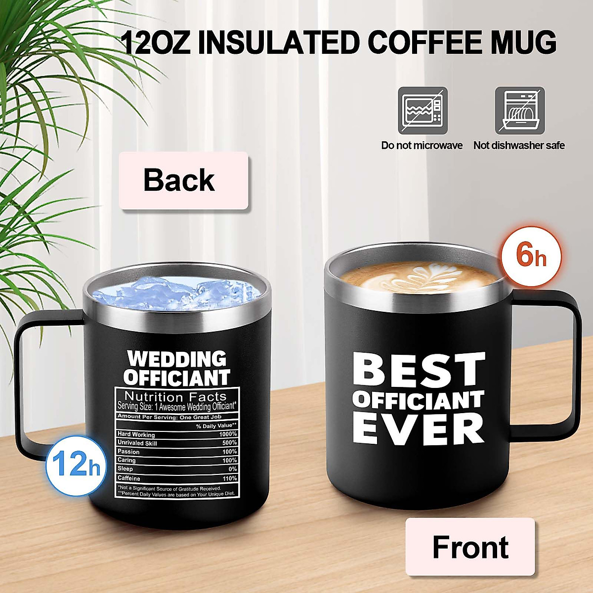 Best Wedding Officiant from Bride Groom | Anniversary Wedding Officiant Gift Insulated Coffee Cup | 12oz with Handle and Lid 304 Stainless Steel Camping Travel Thermal Mugs - Black