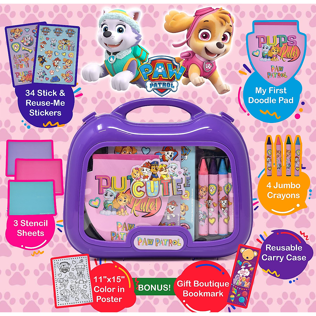 Gift Boutique Paw Patrol Coloring and Activity Carry Case, includes Jumbo Crayons, Stickers, Mess Free Crafts, Doodle Pad, Gift Boutique Bookmark, Reuse Me Stickers, for Girls, Toddlers and Kids
