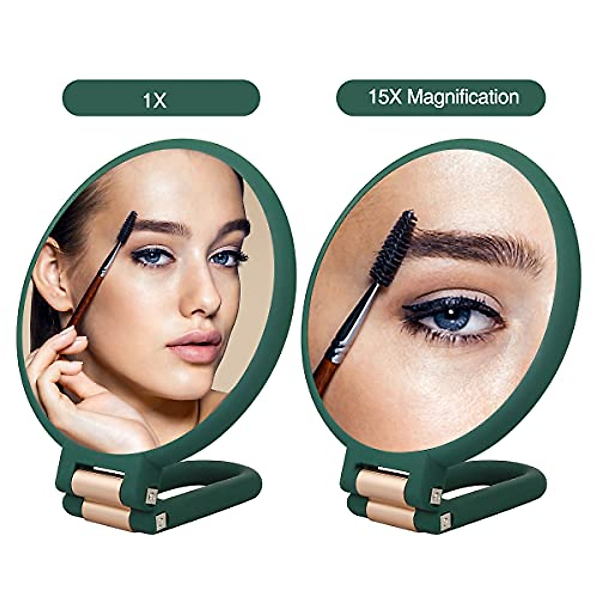 FUHUIM 1x 15x Magnifying Handheld Mirror, Double Sided Pedestal Magnification and True Image Makeup Mirror, Compact Size and Portable Vanity Cosmetic Mirror for Girl (Army Green)