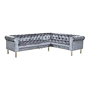 Iconic Home Giovanni Right Facing Sectional Sofa L Shape Velvet Upholstered Button Tufted Roll Arm Design Solid Gold Tone Metal Legs Modern Transitional Navy Grey