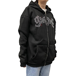 Faretumiya Women Men Rhinestone Hoodie Y2k Graphic Zip Up Unisex Sweatshirt Sparekly Oversized Pullover Jacket Streetwear（black two，Medium）