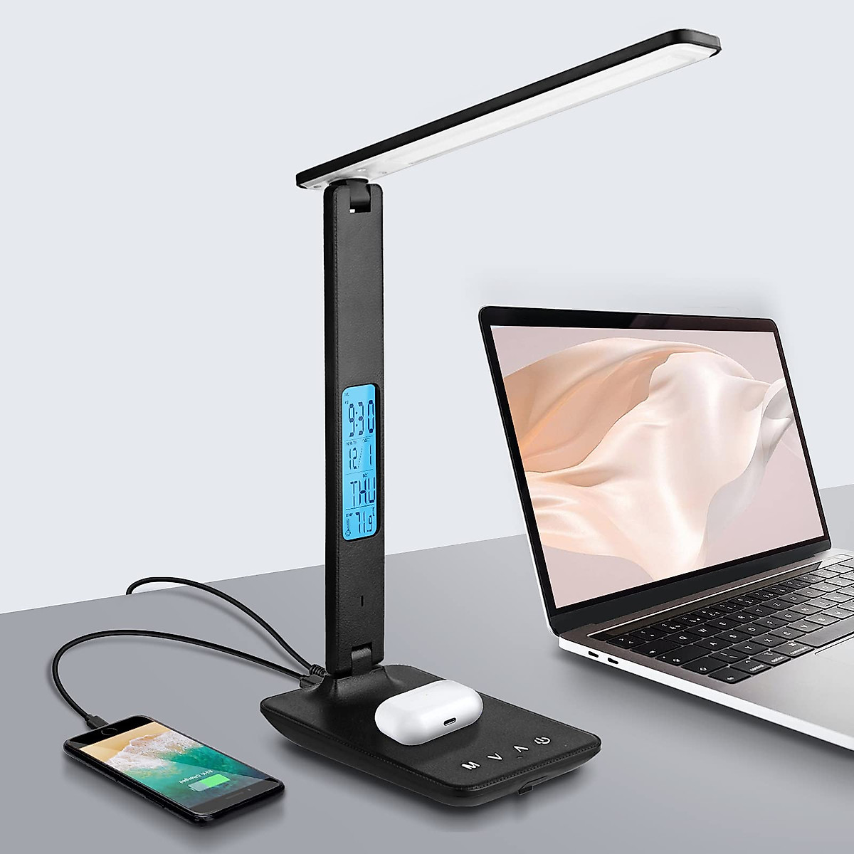 LAOPAO Desk Lamp, LED Desk Lamp with Wireless Charger, USB Charging Port, Adjustable Foldable ​Table Lamp with Clock, Alarm, Date, Temperature, 5-Level Dimmable ​Lighting​, Office Lamp with Adapter