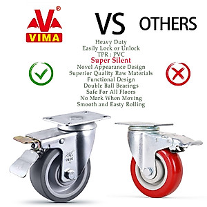 4 Inch Castets Set of 4 Heavy Duty Caster Wheels with Brake 2200Lbs Swivel TPR Rubber Wheel Silent Castor Locking Industrial Plate Casters Wheels for Cart Furniture Workbench, 4 Brake