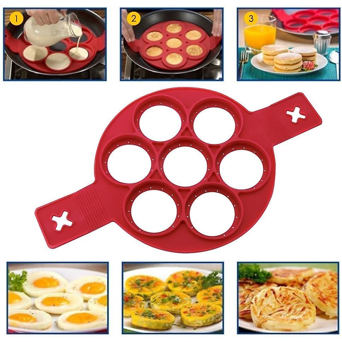 Flip N Cook Pancake, Flip N Cook Silicone Pancake Mold, Flip and Cook Pancake Maker, Reusable Fried Egg Molds, Flip'n'cook Silicone Pancake Mold, Reusable silicone omelet mold (Round-Red+Heart-Pink)
