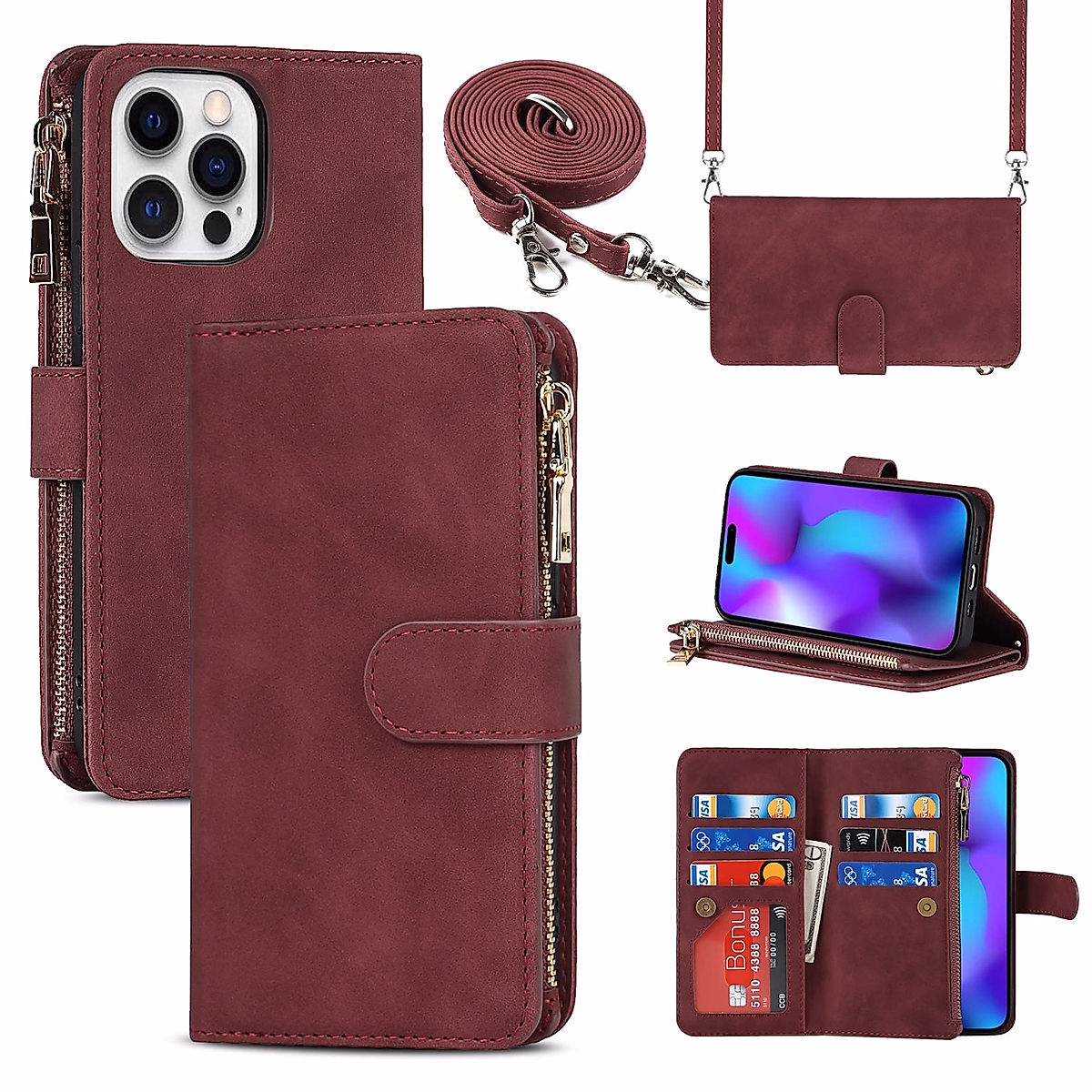 Jaorty for iPhone 14 Pro Max Phone Wallet Case for Women with Credit Card Holder,for iPhone 14 Pro Max Crossbody Case with Strap Lanyard, Zipper Pocket PU Leather Cases,6.7 Inch,Burgundy