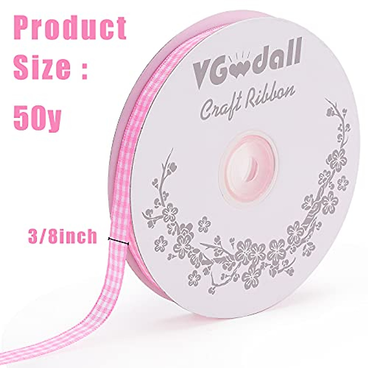 VGoodall Pink Gingham Ribbon, 3/8 x 50Yd Picnic Craft Ribbon Pink Ribbons for Hair Accessories Craft and Christmas Gift Wrapping