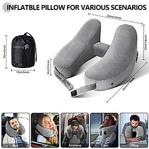 Neck Pillow for Travel Inflatable Airplane Pillow Comfortably Supports Head, Neck and Chin, Inflatable Travel Pillow with Soft Velour Cover and Portable Drawstring Bag (Grey)