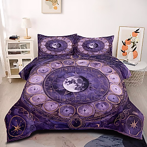 CCoutueChen Sun and Moon Comforter Set Twin Size Boho Purple Constellation Bedding Set Mystery Celestial Art Bedding Comforters Soft Down Alternative Comforter Sets with 1 Pillowcase