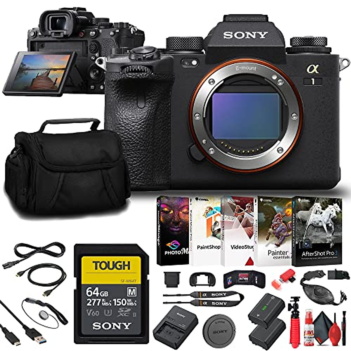 Sony a1 Mirrorless Camera (ILCE-1/B) + 64GB Memory Card + Bag + NP-FZ100 Compatible Battery + Corel Photo Software + Flex Tripod + Hand Strap + Memory Wallet + Cap Keeper + Cleaning Kit + HDMI Cable