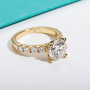 AnuClub Moissanite Engagement Ring 4.3cttw D Color Lab Created Diamond Round Cut 14K Yellow Gold Plated Sterling Silver Eternity Wedding Promise Anniversary Band Ring, Christmas Gift for Women 7.0