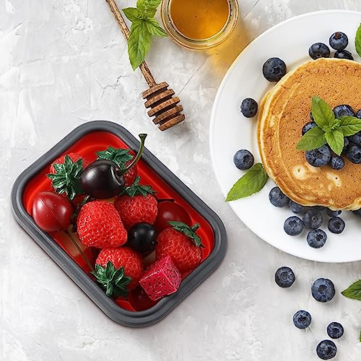 Mifoci 12 Pack Collapsible Bowls Bulk with Leak Proof Lids 17oz Rectangle Silicone Food Storage Containers Stack Food Container for Camping Kitchen, Microwave Dishwasher Freezer Safe (Grey Edge Red)