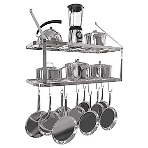 Vdomus Hanging Pot and Pan Rack - Wall Mounted Hanging Pot Rack for Kitchen Storage and Organization - Silver 2-Tier Wall Shelf for Pots and Pans Storage