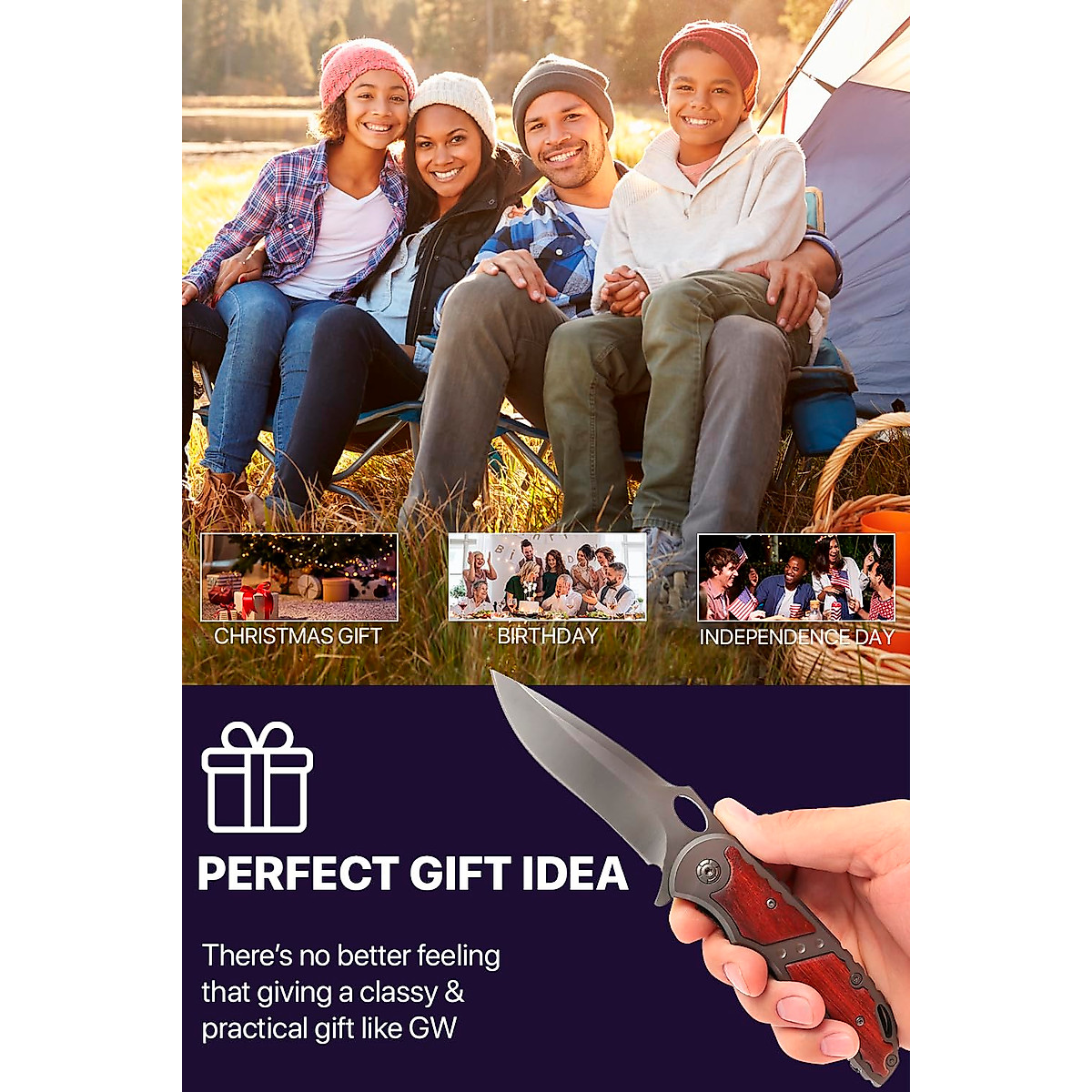 Grand Way Spring Assisted Knife - 5Cr15MoV Sharp Folding Blade - Pocket Knife with Wood Handle - Best Durable Tool for EDC Camping Survival Work - Mens Gifts Idea for Dad Husband Boyfriend 97010