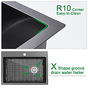 OUGOO Kitchen Sink, 22 x 18 Drop in Sink, 9" Deep Single Bowl Kitchen Sinks, 304 Stainless Steel Topmount Kitchen Sink with Strainer & Bottom Grid, Black