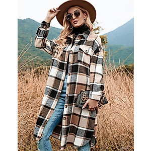 Peaceglad Women's Lounge Lapel Button Up Long Sleeve Plaid Long Shirt Jacket Shacket(Brown,M)