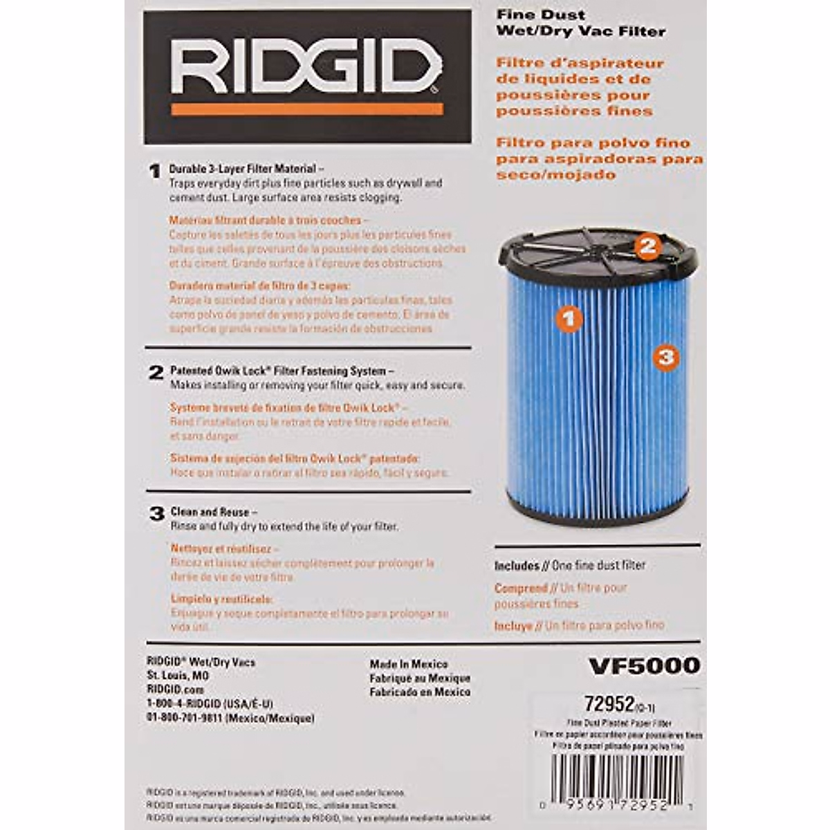RIDGID 72952 Model 3-Layer Pleated Paper Vacuum Filter for RIDGID 5-20 Gallon Vacuums, Green