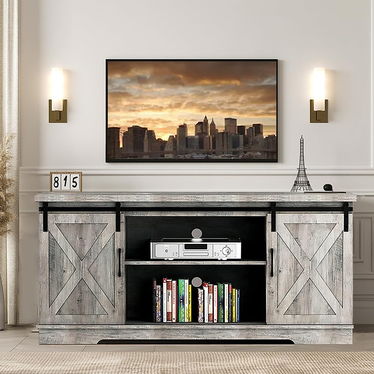 GAOMON Farmhouse TV Stand - Modern Entertainment Center for 65 Inch TVs, Barn Door Console Table with Storage & Shelves - Grey Living Room Furniture