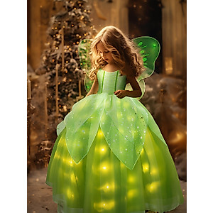 UPORPOR Light Up Fairy Costumes Girls Halloween Dress Kids Dressing Up Clothes Birthday Party Fancy led Costume, with Wing Green, 110